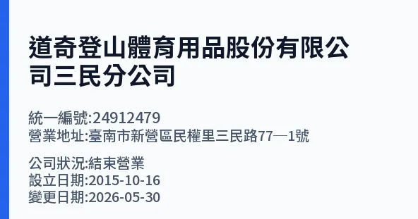 道奇登山體育用品股份有限公司三民分公司的照片-統編 24912479(臺南市) 公司登記資料與營業項目詳細圖表