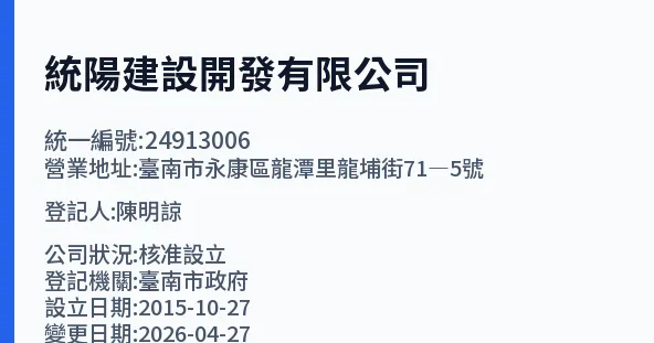 統陽建設開發有限公司的照片-統編 24913006(臺南市) 公司登記資料與營業項目詳細圖表