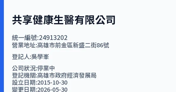 共享健康生醫有限公司的照片-統編 24913202(高雄市) 公司登記資料與營業項目詳細圖表