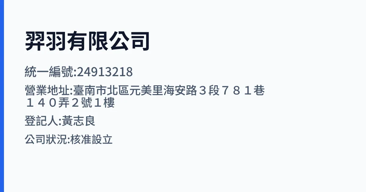 羿羽有限公司 - 統編 24913218(臺南市) 公司登記資料與營業項目詳細圖表
