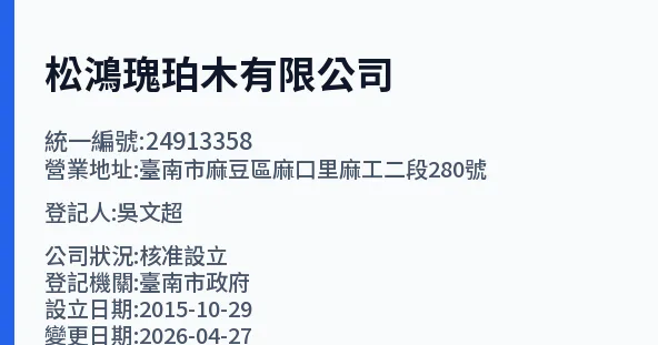 松鴻瑰珀木有限公司的照片-統編 24913358(臺南市) 公司登記資料與營業項目詳細圖表