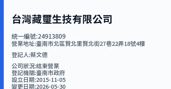 台灣藏璽生技有限公司的照片-統編 24913809(臺南市) 公司登記資料與營業項目詳細圖表
