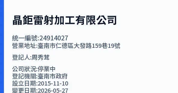晶鉅雷射加工有限公司的照片-統編 24914027(臺南市) 公司登記資料與營業項目詳細圖表