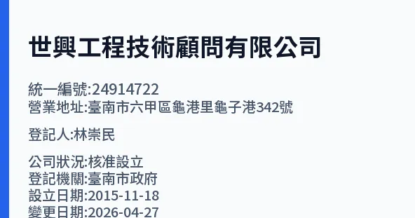 世興工程技術顧問有限公司的照片-統編 24914722(臺南市) 公司登記資料與營業項目詳細圖表
