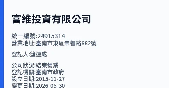 富維投資有限公司的照片-統編 24915314(臺南市) 公司登記資料與營業項目詳細圖表