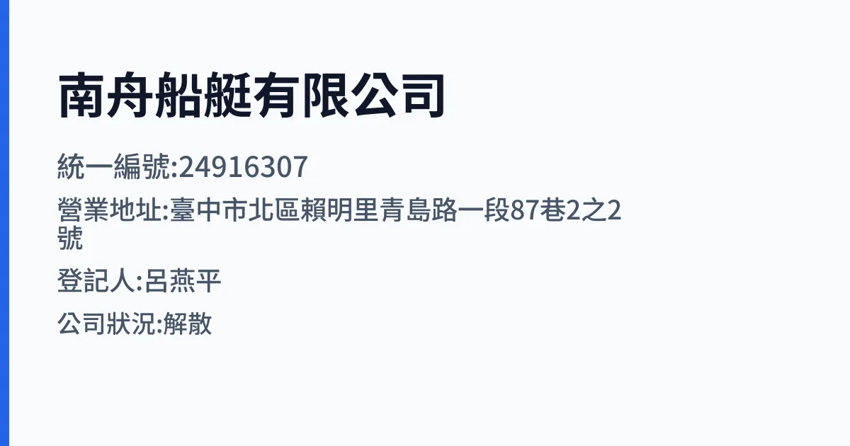 南舟船艇有限公司 - 統編 24916307(臺中市) 公司登記資料與營業項目詳細圖表