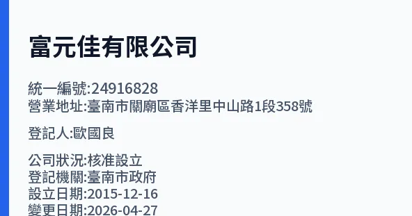 富元佳有限公司的照片-統編 24916828(臺南市) 公司登記資料與營業項目詳細圖表