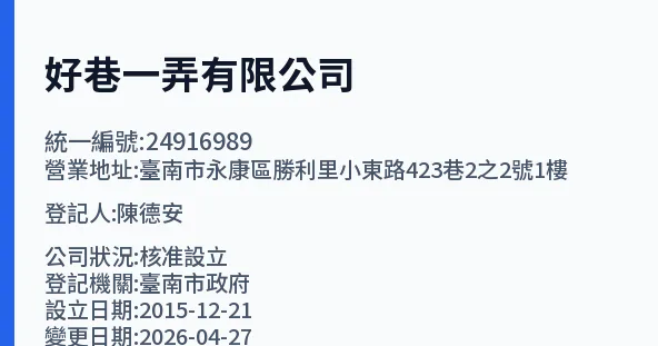 好巷一弄有限公司的照片-統編 24916989(臺南市) 公司登記資料與營業項目詳細圖表