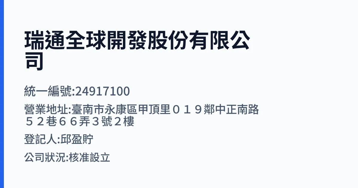 瑞通全球開發股份有限公司 - 統編 24917100(臺南市) 公司登記資料與營業項目詳細圖表