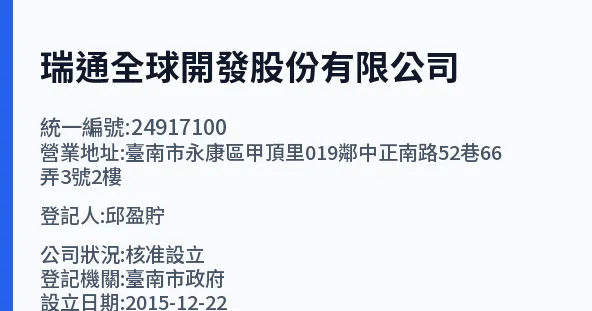 瑞通全球開發股份有限公司的照片-統編 24917100(臺南市) 公司登記資料與營業項目詳細圖表