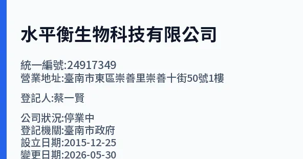 水平衡生物科技有限公司的照片-統編 24917349(臺南市) 公司登記資料與營業項目詳細圖表