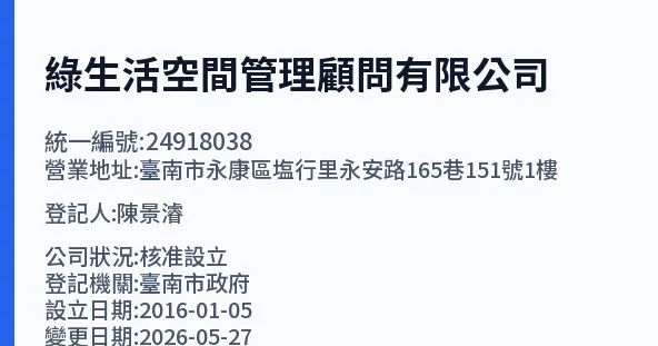綠生活空間管理顧問有限公司的照片-統編 24918038(臺南市) 公司登記資料與營業項目詳細圖表
