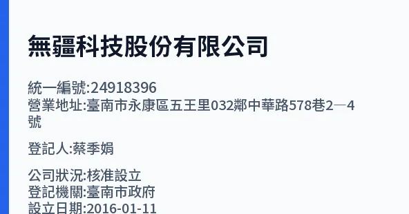 無疆科技股份有限公司的照片-統編 24918396(臺南市) 公司登記資料與營業項目詳細圖表