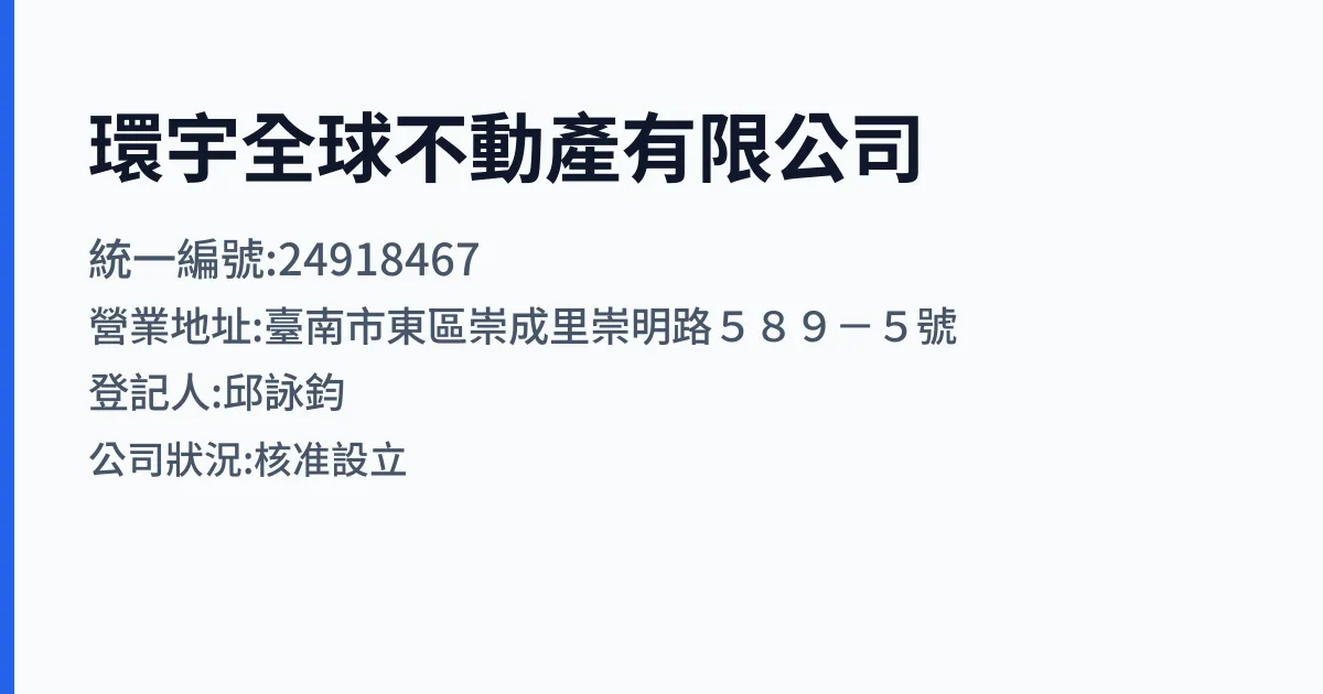 環宇全球不動產有限公司 - 統編 24918467(臺南市) 公司登記資料與營業項目詳細圖表