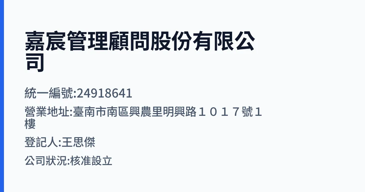 嘉宸管理顧問股份有限公司 - 統編 24918641(臺南市) 公司登記資料與營業項目詳細圖表