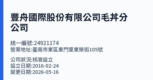 豐舟國際股份有限公司毛丼分公司的照片-統編 24921174(臺南市) 公司登記資料與營業項目詳細圖表