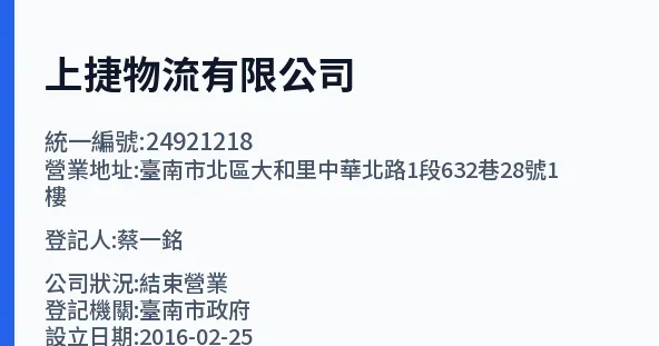 上捷物流有限公司的照片-統編 24921218(臺南市) 公司登記資料與營業項目詳細圖表