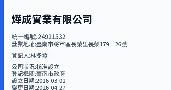 燁成實業有限公司的照片-統編 24921532(臺南市) 公司登記資料與營業項目詳細圖表