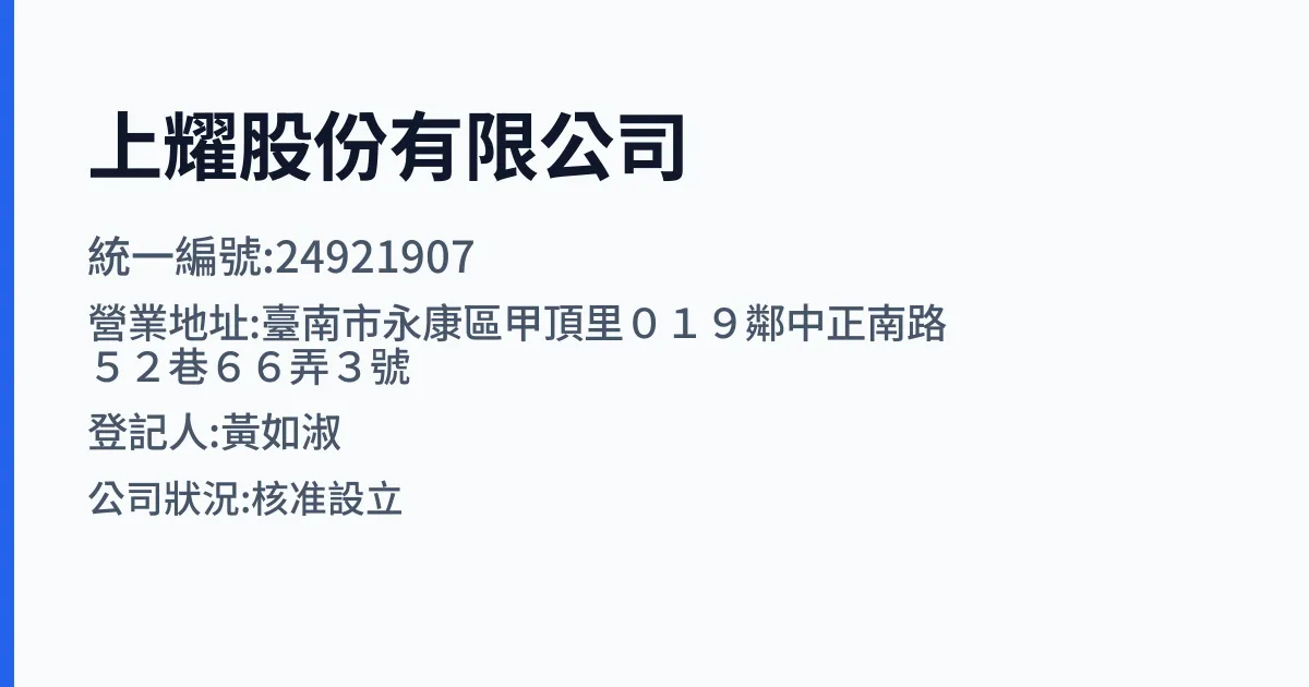 上耀股份有限公司 - 統編 24921907(臺南市) 公司登記資料與營業項目詳細圖表