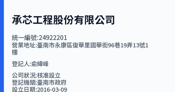 承芯工程股份有限公司的照片-統編 24922201(臺南市) 公司登記資料與營業項目詳細圖表