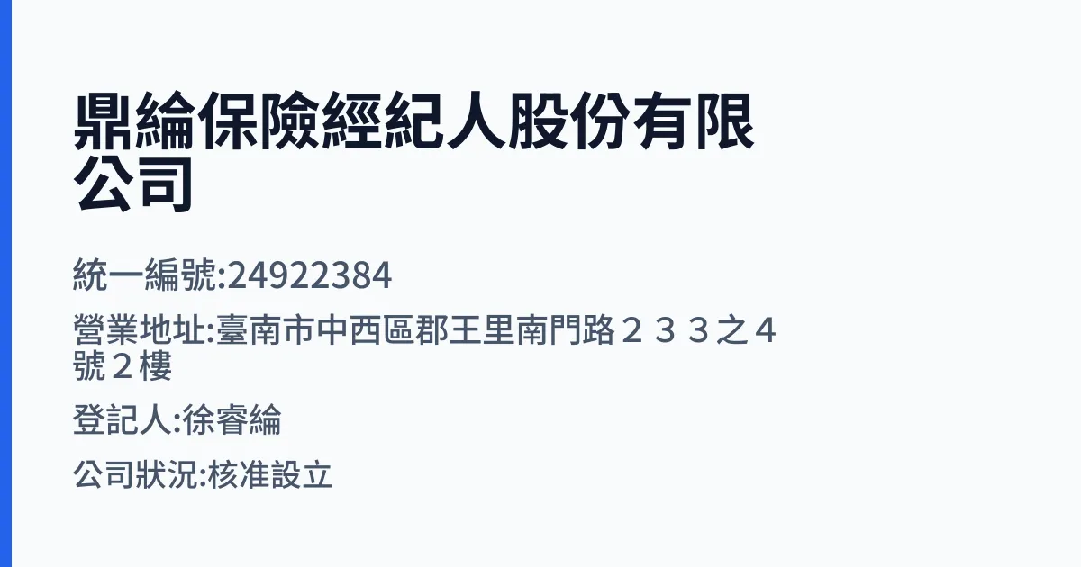鼎綸保險經紀人股份有限公司 - 統編 24922384（臺南市） 公司登記資料與營業項目詳細圖表