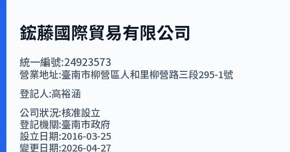 鋐藤國際貿易有限公司的照片-統編 24923573(臺南市) 公司登記資料與營業項目詳細圖表