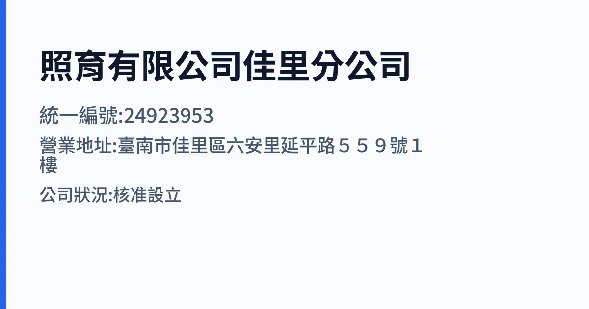照育有限公司佳里分公司 - 統編 24923953(臺南市) 公司登記資料與營業項目詳細圖表