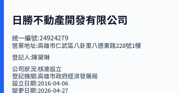 日勝不動產開發有限公司的照片-統編 24924279(高雄市) 公司登記資料與營業項目詳細圖表