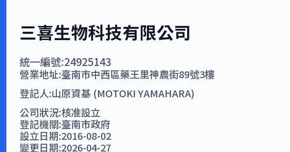 三喜生物科技有限公司的照片-統編 24925143(臺南市) 公司登記資料與營業項目詳細圖表