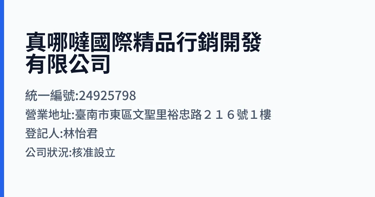 真哪噠國際精品行銷開發有限公司 - 統編 24925798(臺南市) 公司登記資料與營業項目詳細圖表