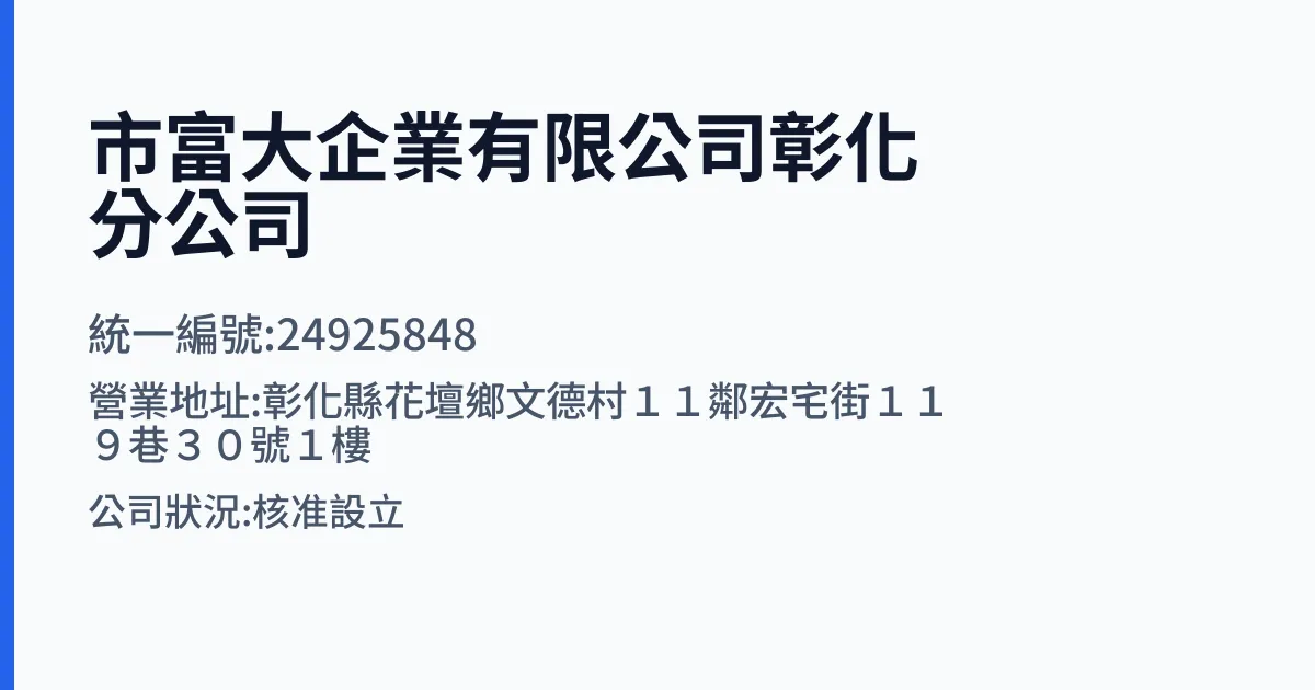 市富大企業有限公司彰化分公司 - 統編 24925848(彰化縣) 公司登記資料與營業項目詳細圖表