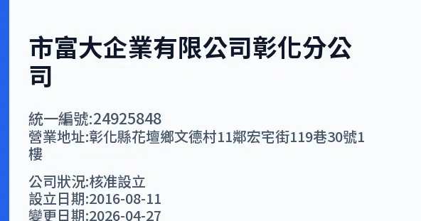 市富大企業有限公司彰化分公司的照片-統編 24925848(彰化縣) 公司登記資料與營業項目詳細圖表