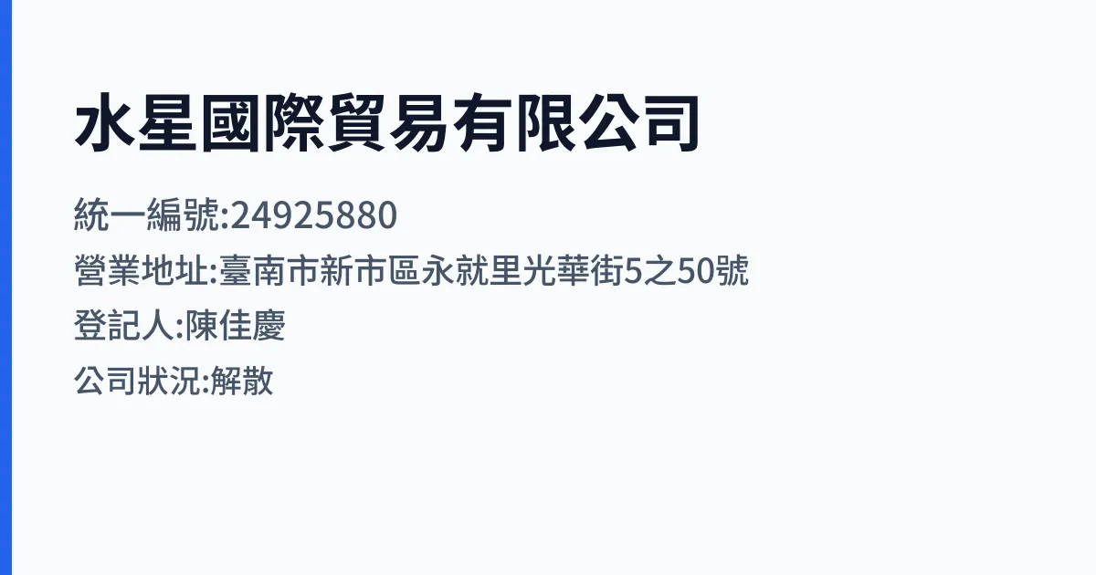 水星國際貿易有限公司 - 統編 24925880(臺南市) 公司登記資料與營業項目詳細圖表