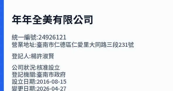 年年全美有限公司的照片-統編 24926121(臺南市) 公司登記資料與營業項目詳細圖表