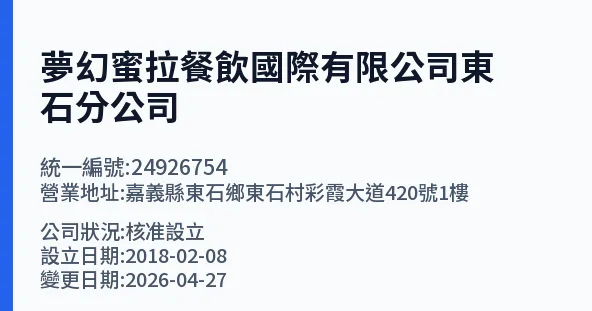 夢幻蜜拉餐飲國際有限公司東石分公司的照片-統編 24926754(嘉義縣) 公司登記資料與營業項目詳細圖表