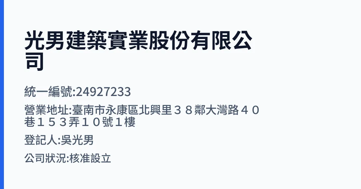 光男建築實業股份有限公司 - 統編 24927233(臺南市) 公司登記資料與營業項目詳細圖表