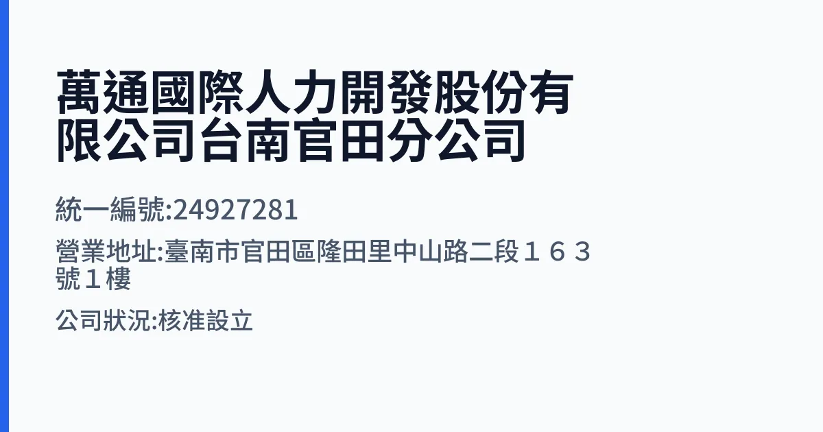 萬通國際人力開發股份有限公司台南官田分公司 - 統編 24927281(高雄市) 公司登記資料與營業項目詳細圖表