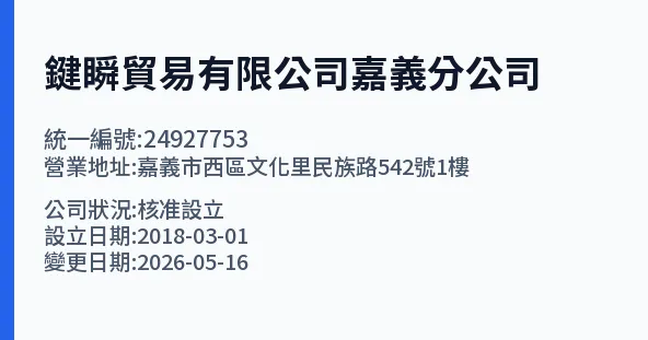 鍵瞬貿易有限公司嘉義分公司的照片-統編 24927753(嘉義市) 公司登記資料與營業項目詳細圖表