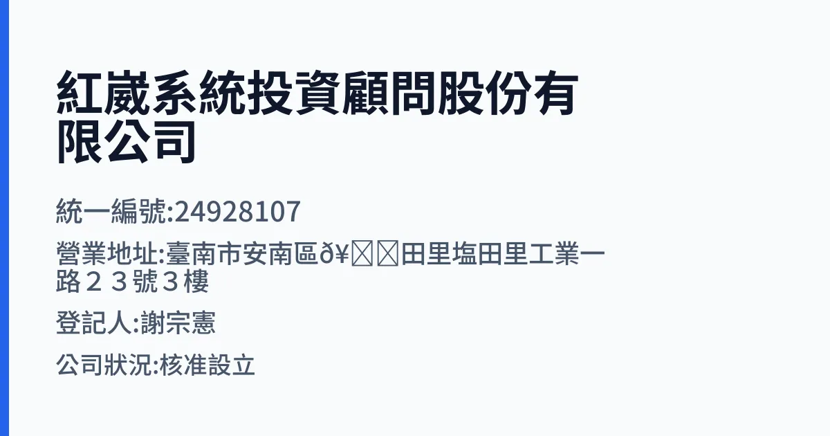 紅崴系統投資顧問股份有限公司 - 統編 24928107(臺南市) 公司登記資料與營業項目詳細圖表