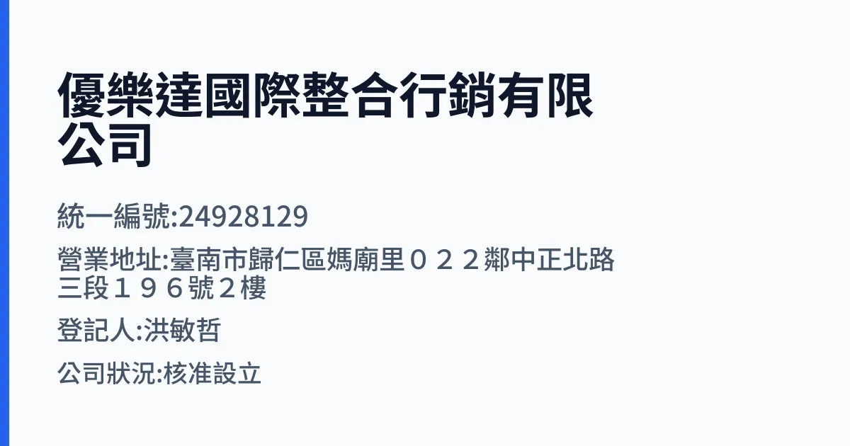優樂達國際整合行銷有限公司 - 統編 24928129(臺南市) 公司登記資料與營業項目詳細圖表