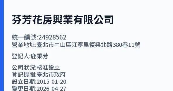 芬芳花房興業有限公司的照片-統編 24928562(臺北市) 公司登記資料與營業項目詳細圖表