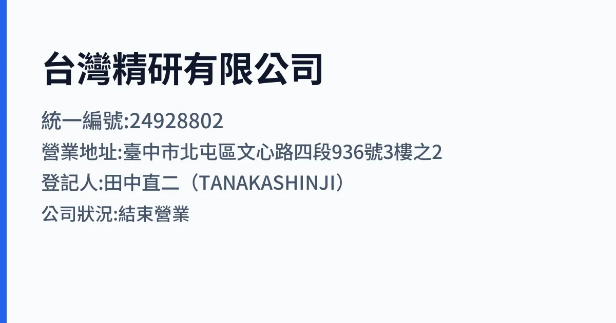 台灣精研有限公司 - 統編 24928802(臺中市) 公司登記資料與營業項目詳細圖表