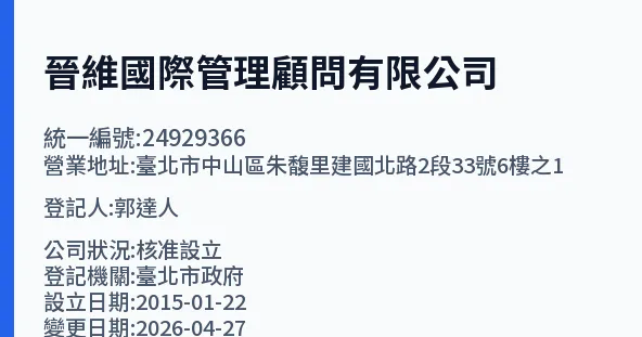 晉維國際管理顧問有限公司的照片-統編 24929366(臺北市) 公司登記資料與營業項目詳細圖表