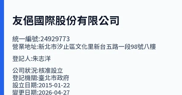 友俋國際股份有限公司的照片-統編 24929773(新北市) 公司登記資料與營業項目詳細圖表