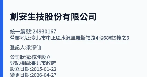 創安生技股份有限公司的照片-統編 24930167(臺北市) 公司登記資料與營業項目詳細圖表