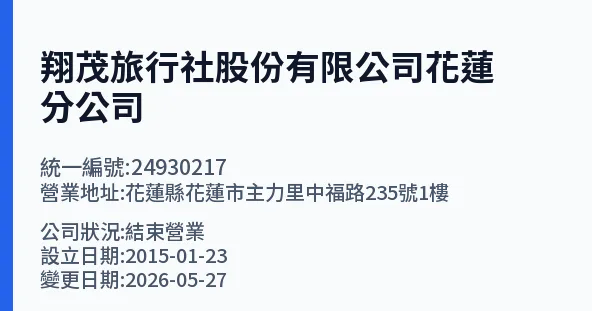 翔茂旅行社股份有限公司花蓮分公司的照片-統編 24930217(花蓮縣) 公司登記資料與營業項目詳細圖表