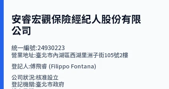 安睿宏觀保險經紀人股份有限公司的照片-統編 24930223(臺北市) 公司登記資料與營業項目詳細圖表