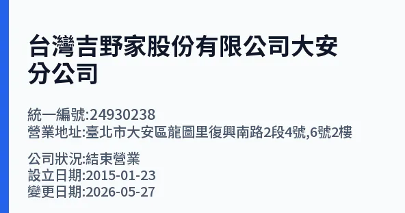 台灣吉野家股份有限公司大安分公司的照片-統編 24930238(臺北市) 公司登記資料與營業項目詳細圖表