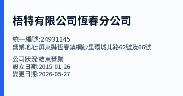 梧特有限公司恆春分公司的照片-統編 24931145(屏東縣) 公司登記資料與營業項目詳細圖表