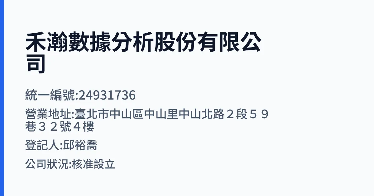 禾瀚數據分析股份有限公司 - 統編 24931736(臺北市) 公司登記資料與營業項目詳細圖表